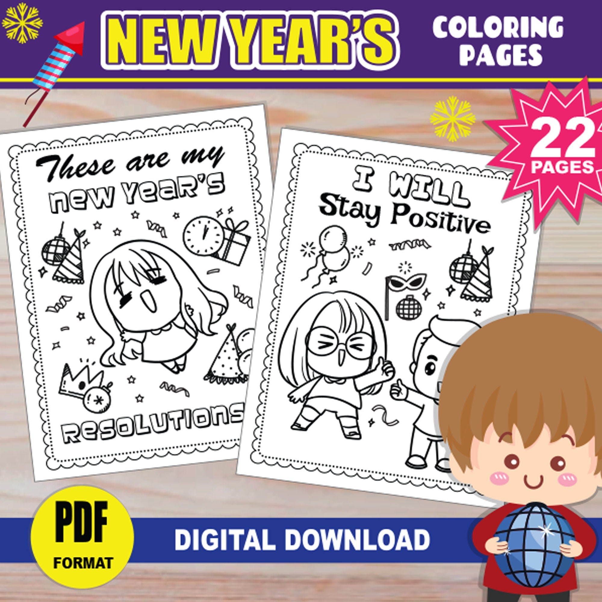 New Year's Eve Coloring Pages for Kids New Years Resolutions PRINTABLE ...