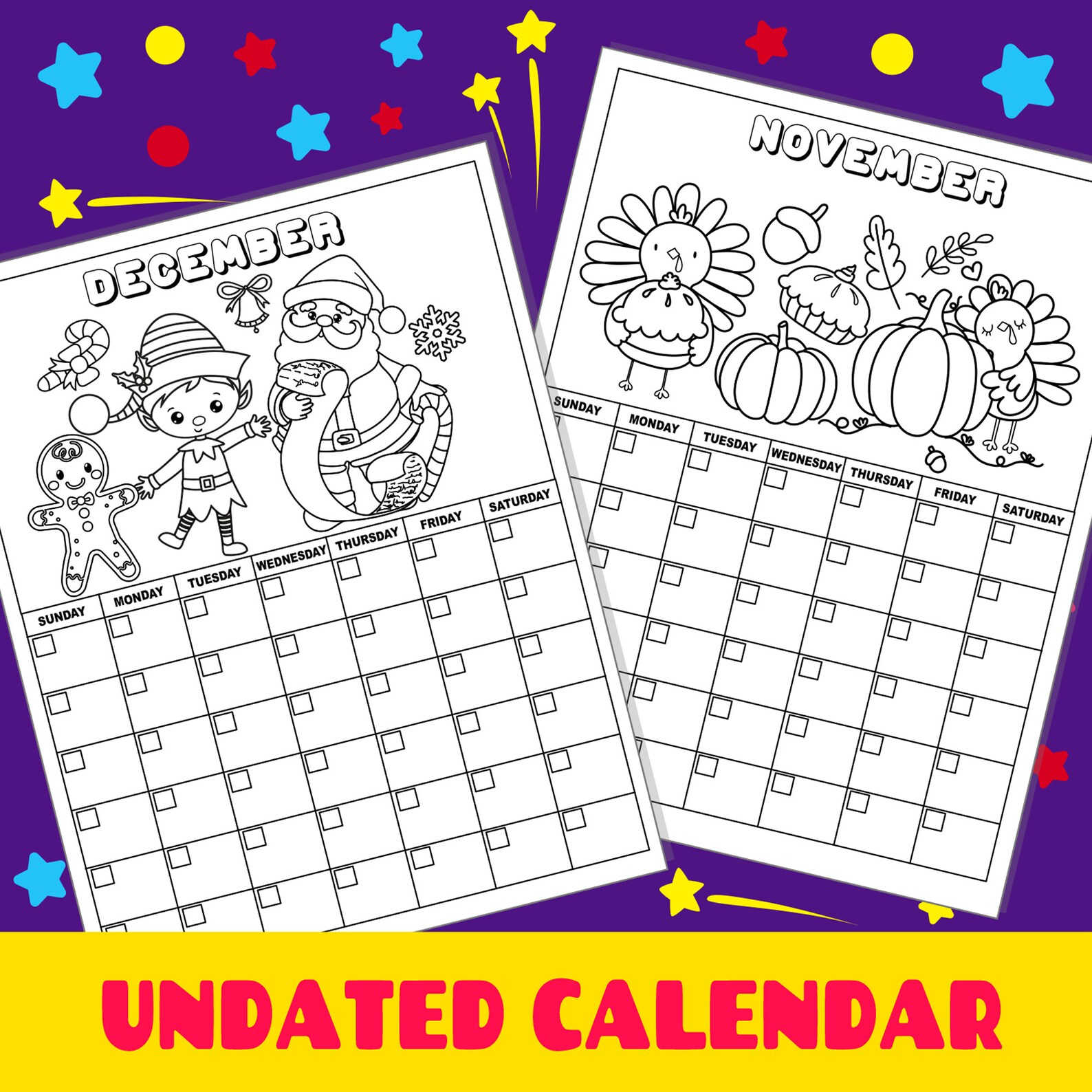 Printable Coloring Calendar for Kids | Undated Monthly DIY (digital ...
