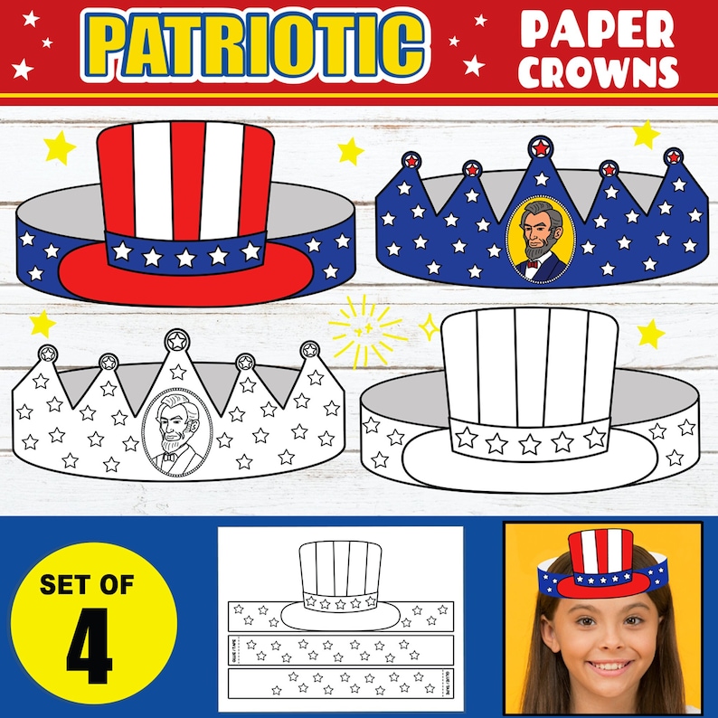 4th of July Paper Crowns Patriotic America Paper Hat Headband ...
