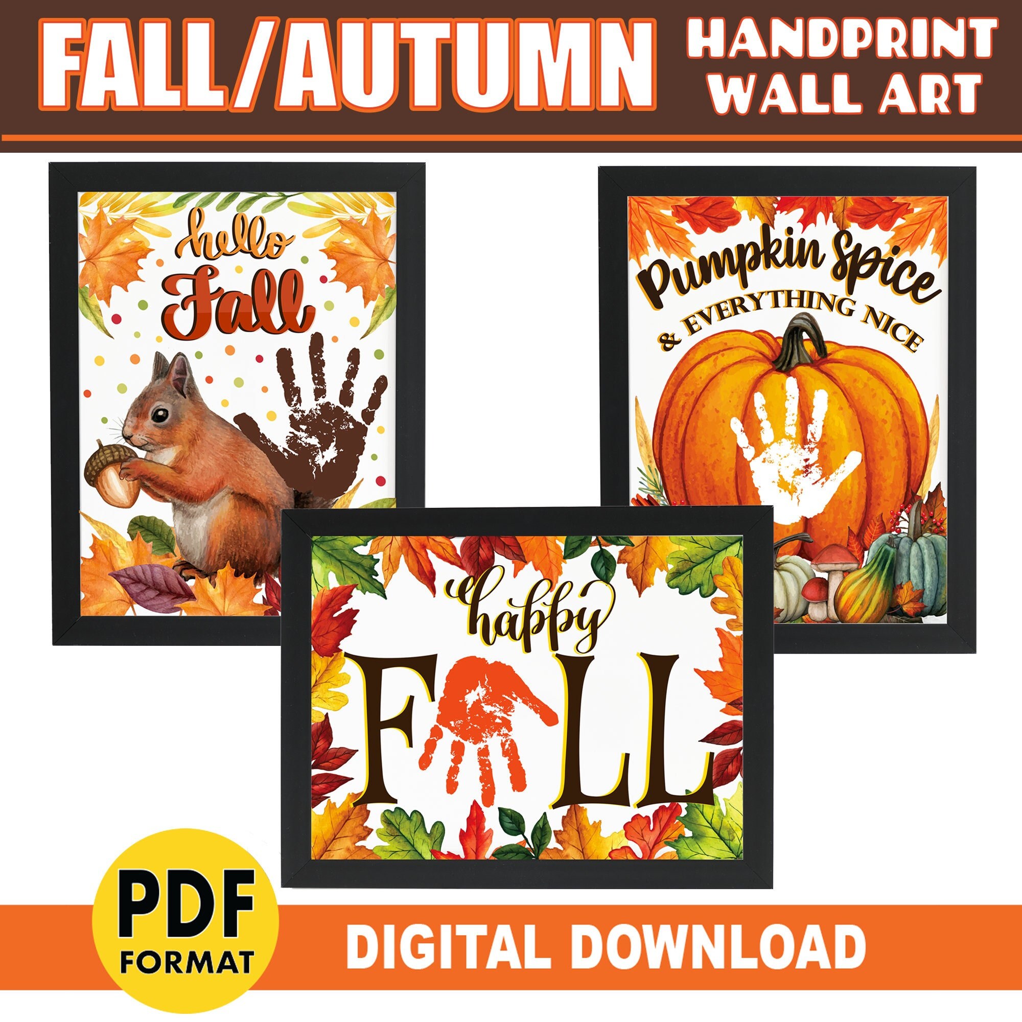 Fall Handprint Art BUNDLE SET of 3 Pumpkin, Squirrel, Fall Leaves ...