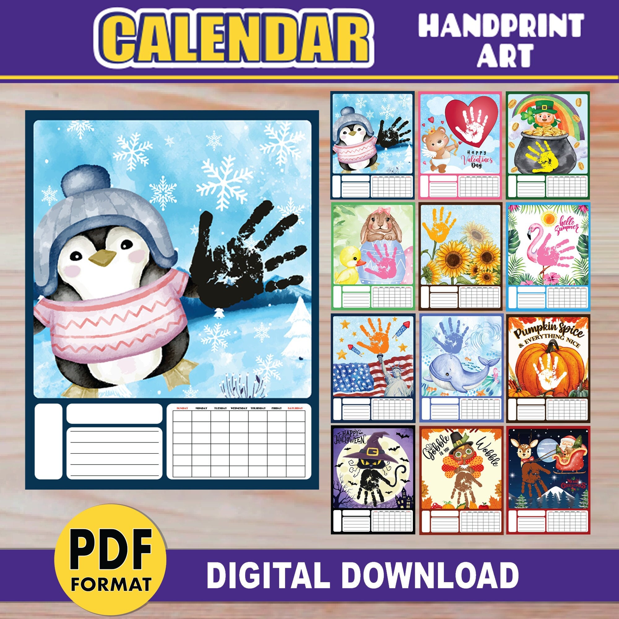 UNDATED 12 Month Handprint Calendar Handprint Craft Holidays PRINTABLE ...