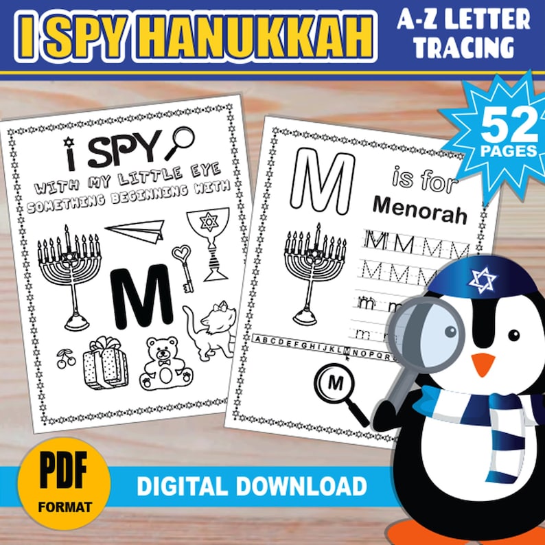 Hanukkah I Spy A-Z PRINTABLE Letter Tracing & Coloring Hanukkah ...