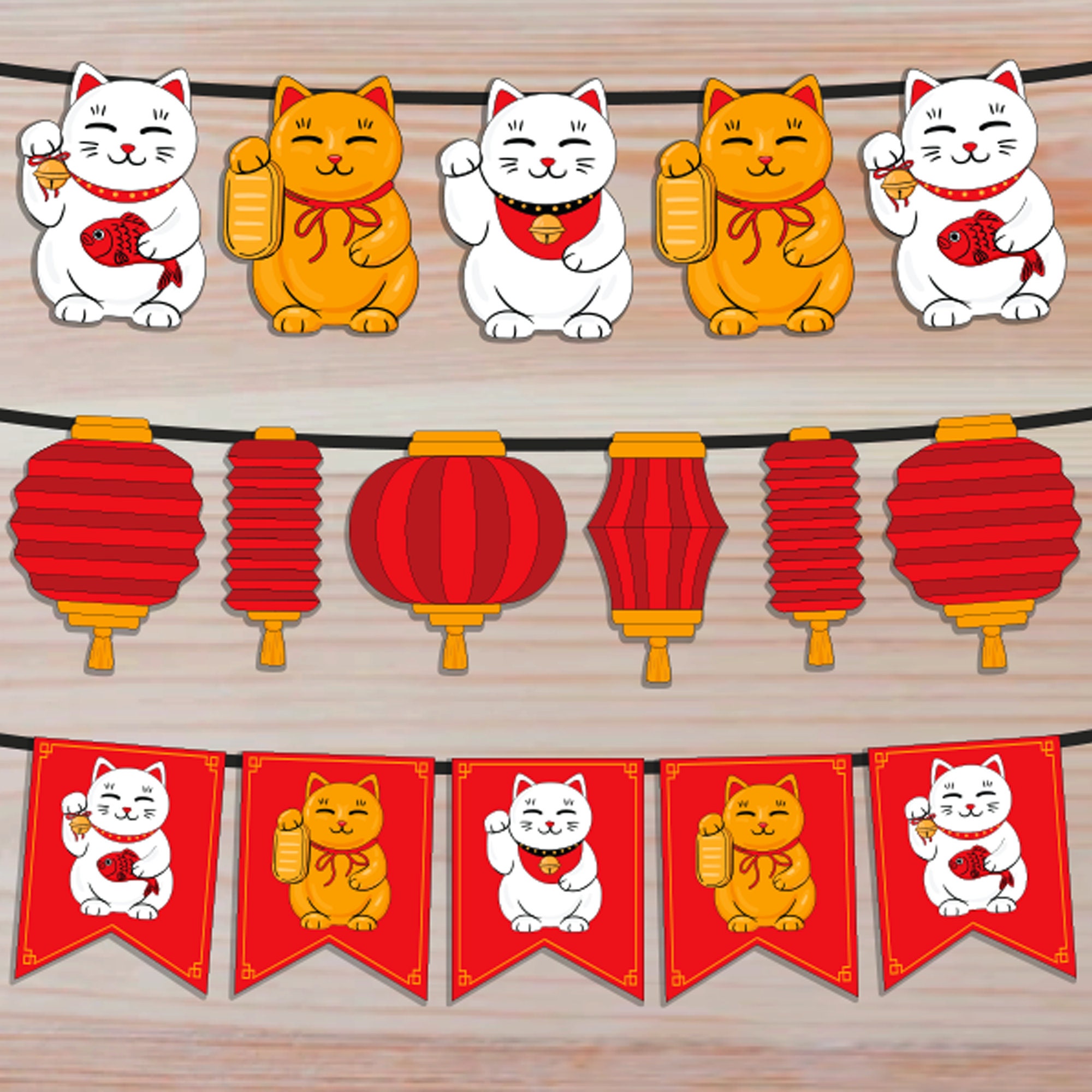 PRINTABLE Maneki Neko Lucky Cat Banner Chinese Lanterns Beckoning Cats ...