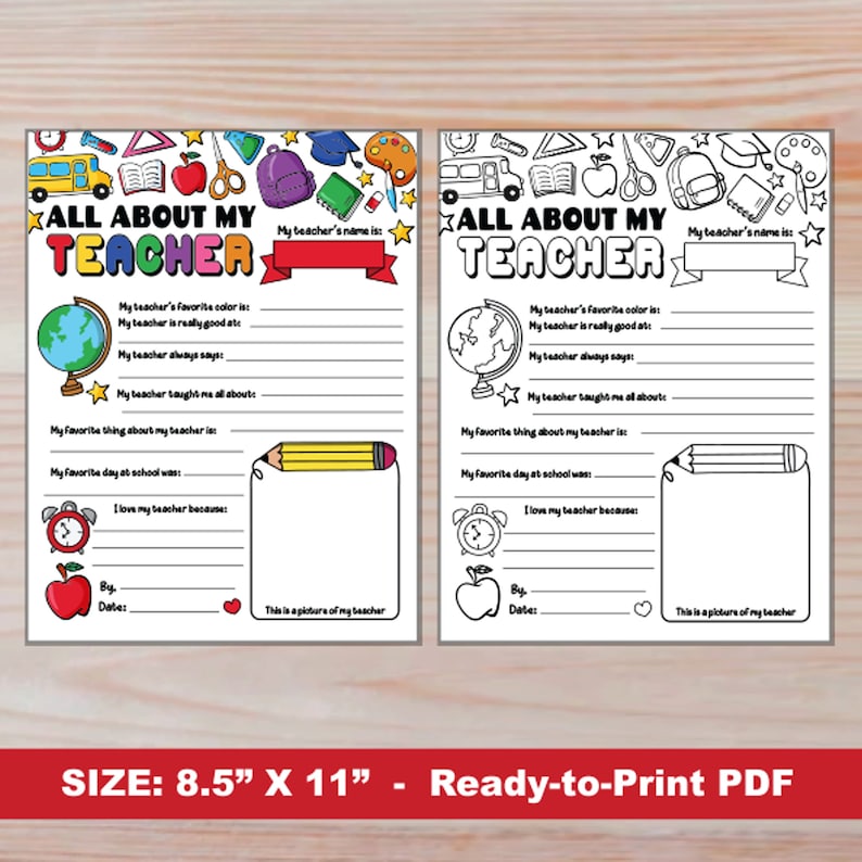 All About My Teacher PRINTABLE Fill in the Blank Questionnaire - Etsy
