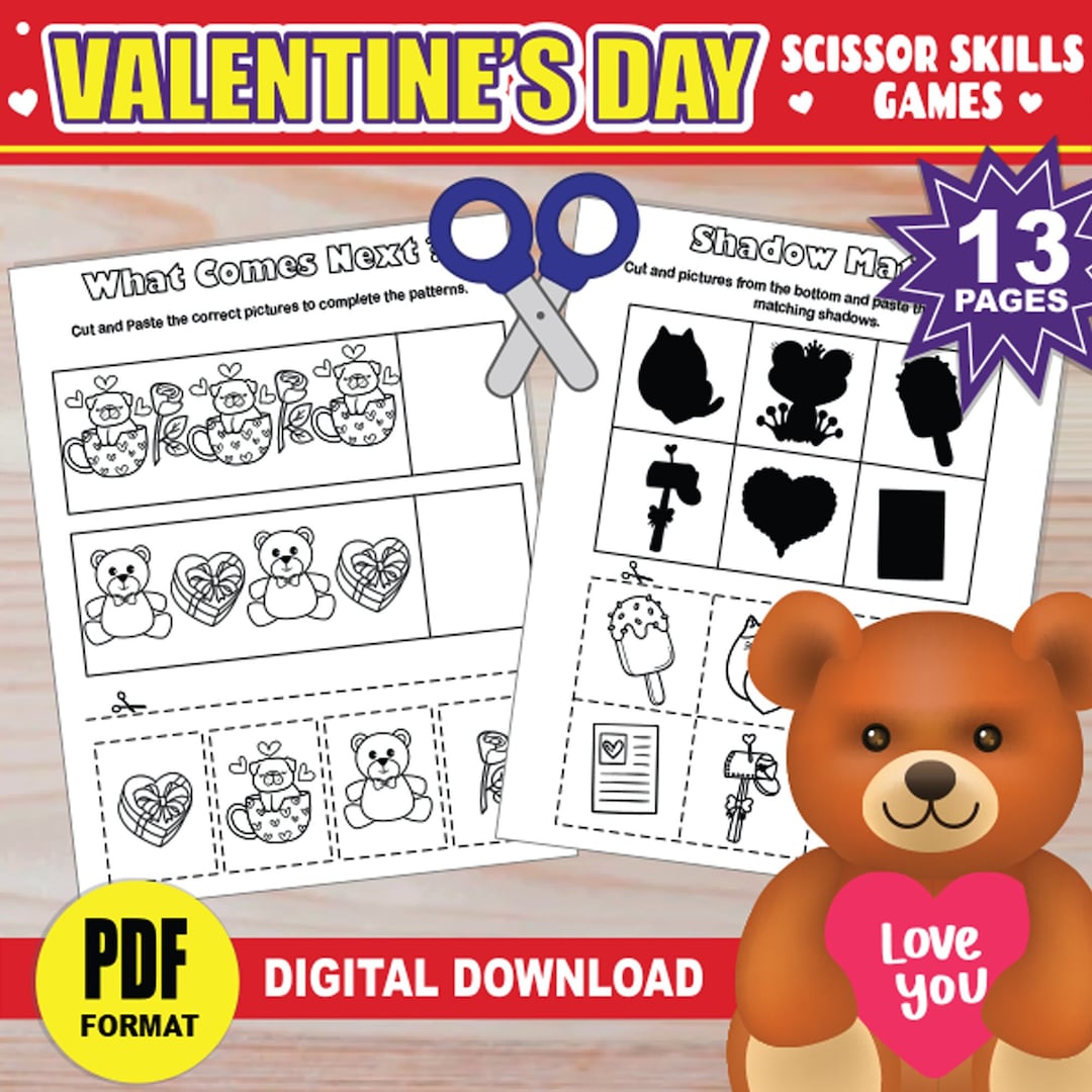 Valentine's Day Cut and Paste Worksheets | PRINTABLE Scissor Skills ...