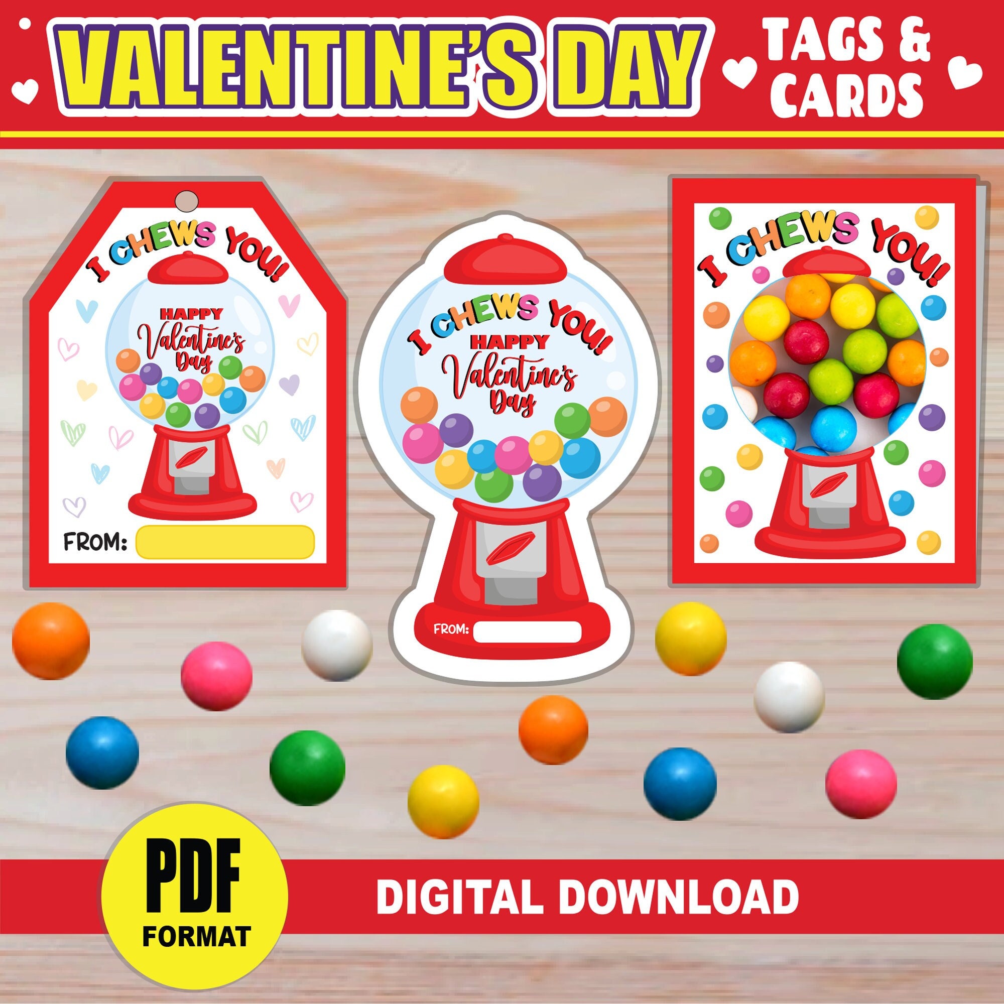 PRINTABLE Valentines Day Gift Tags and Gumball Cards I Chews You Gum ...