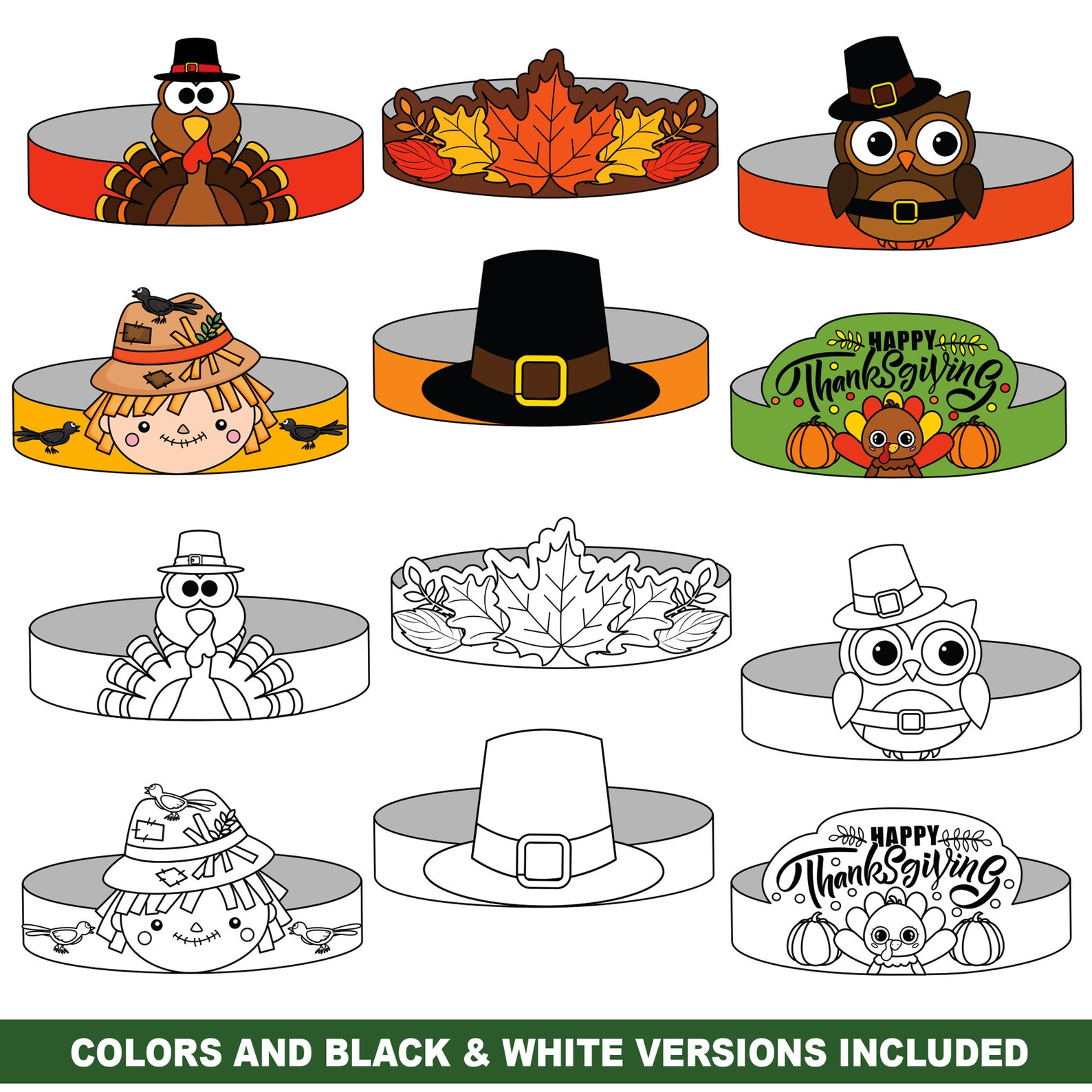 Thanksgiving Paper Crowns for Kids Big BUNDLE of 12 PRINTABLE Hat ...
