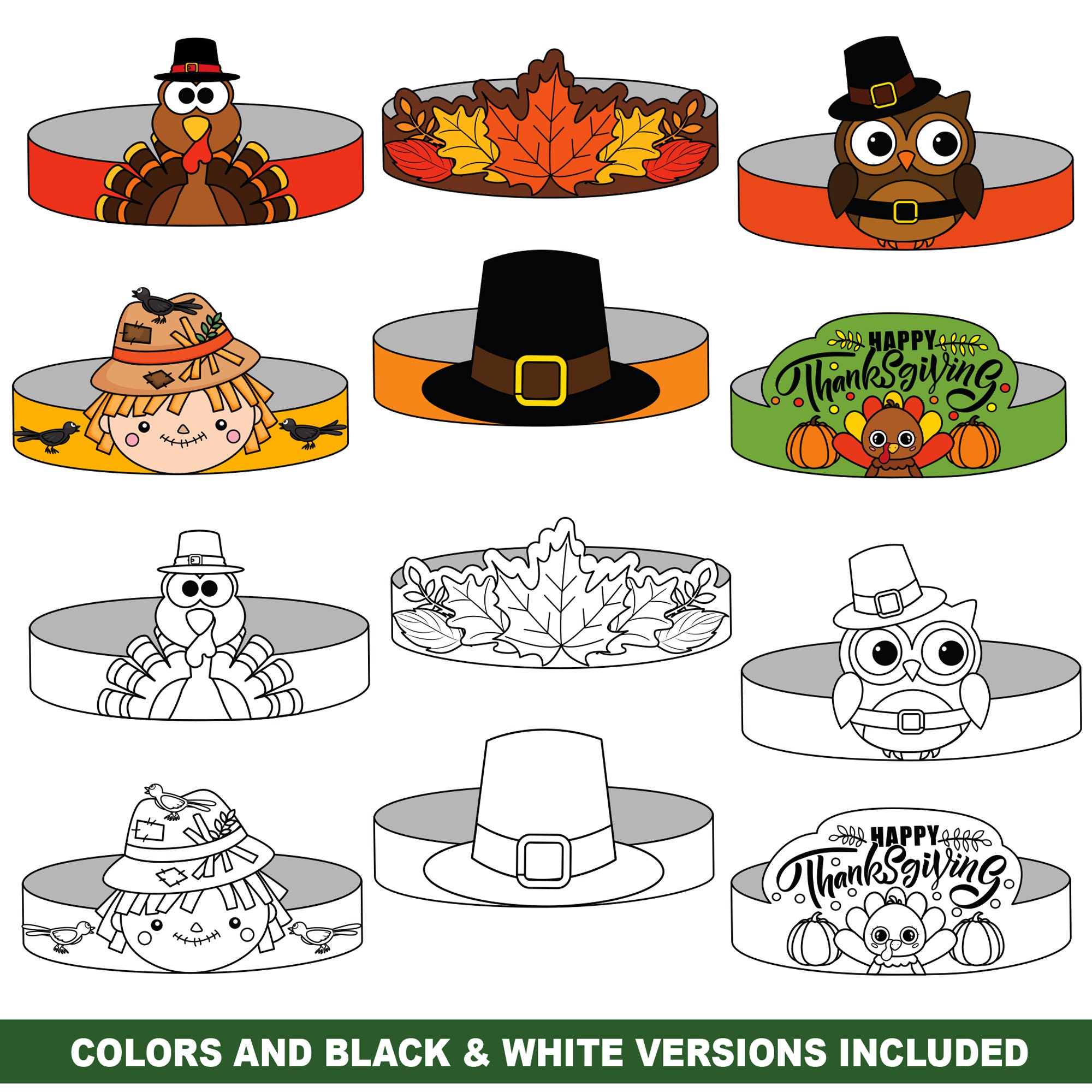 Thanksgiving Paper Crowns for Kids Big BUNDLE of 12 PRINTABLE Hat ...