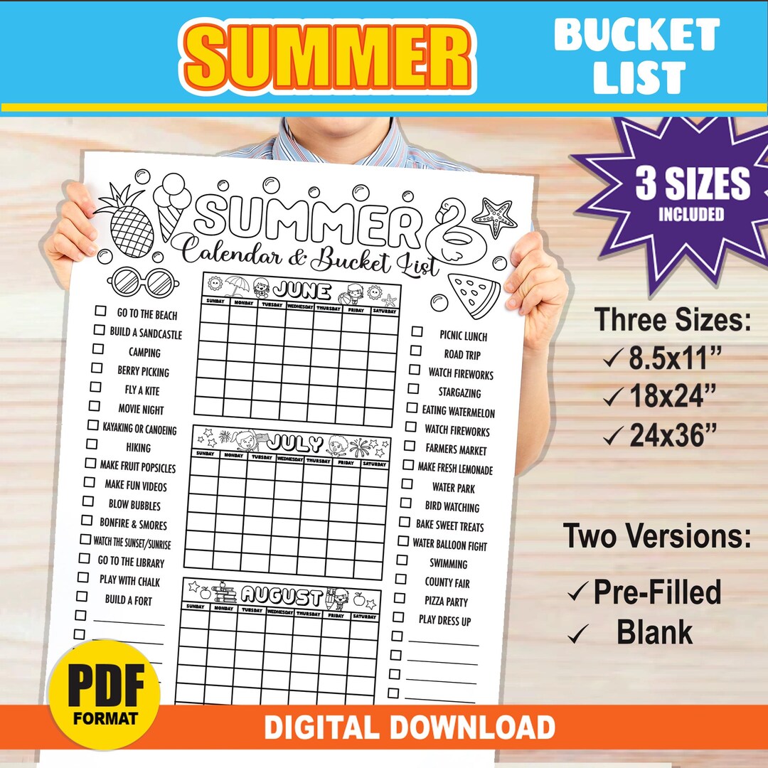 PRINTABLE Summer Calendar Bucket List | UNDATED Summer Checklist to Do ...