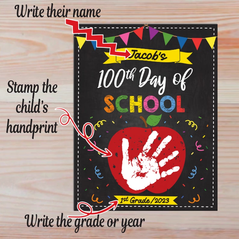 100th Day of School Handprint Art PRINTABLE Sign Keepsake - Etsy