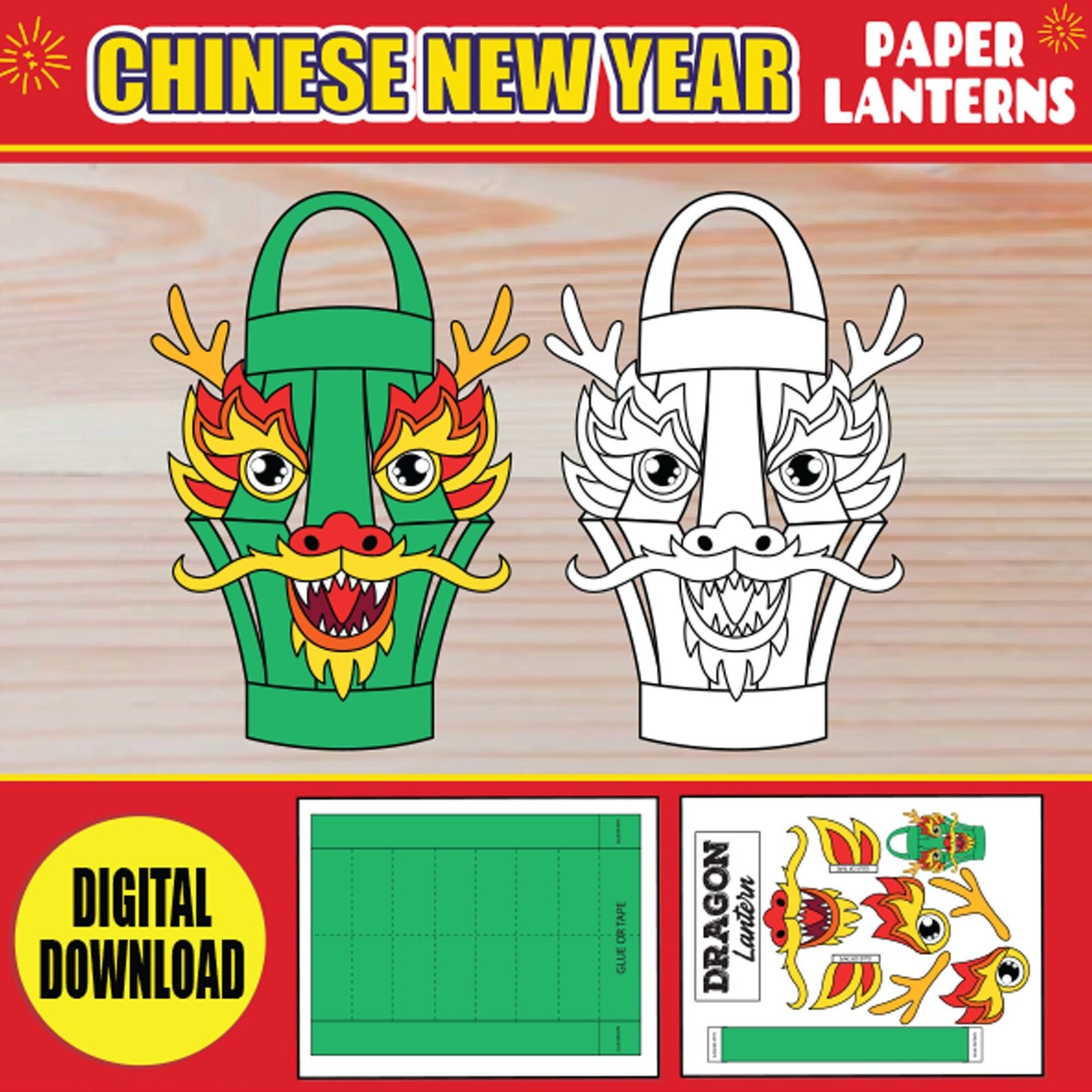 Dragon Paper Lantern Crafts | Chinese New Year PRINTABLE Year of the ...