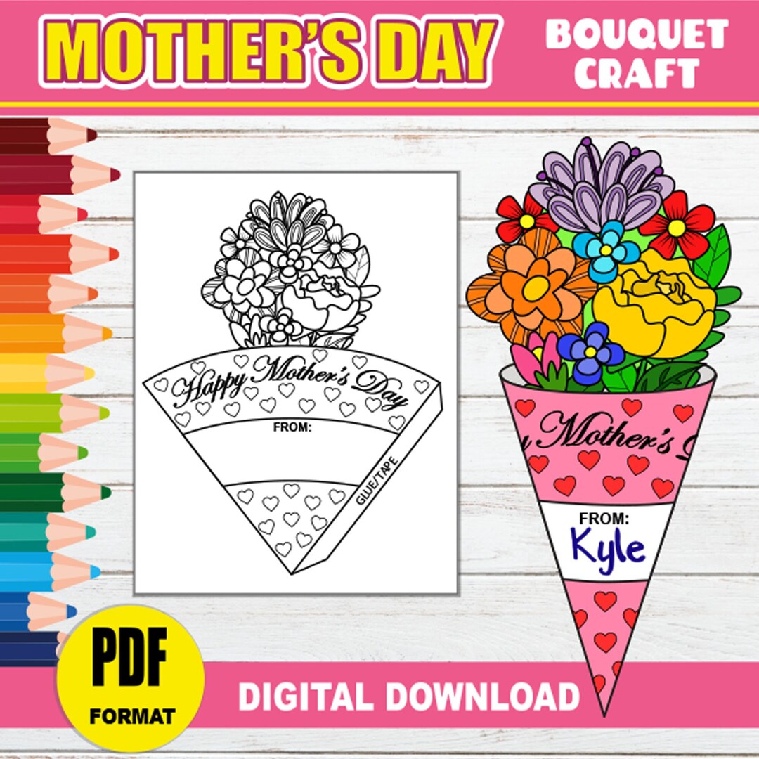 Mother's Day Crafts & Activity | Coloring Cone Flower Bouquet Mother’s ...