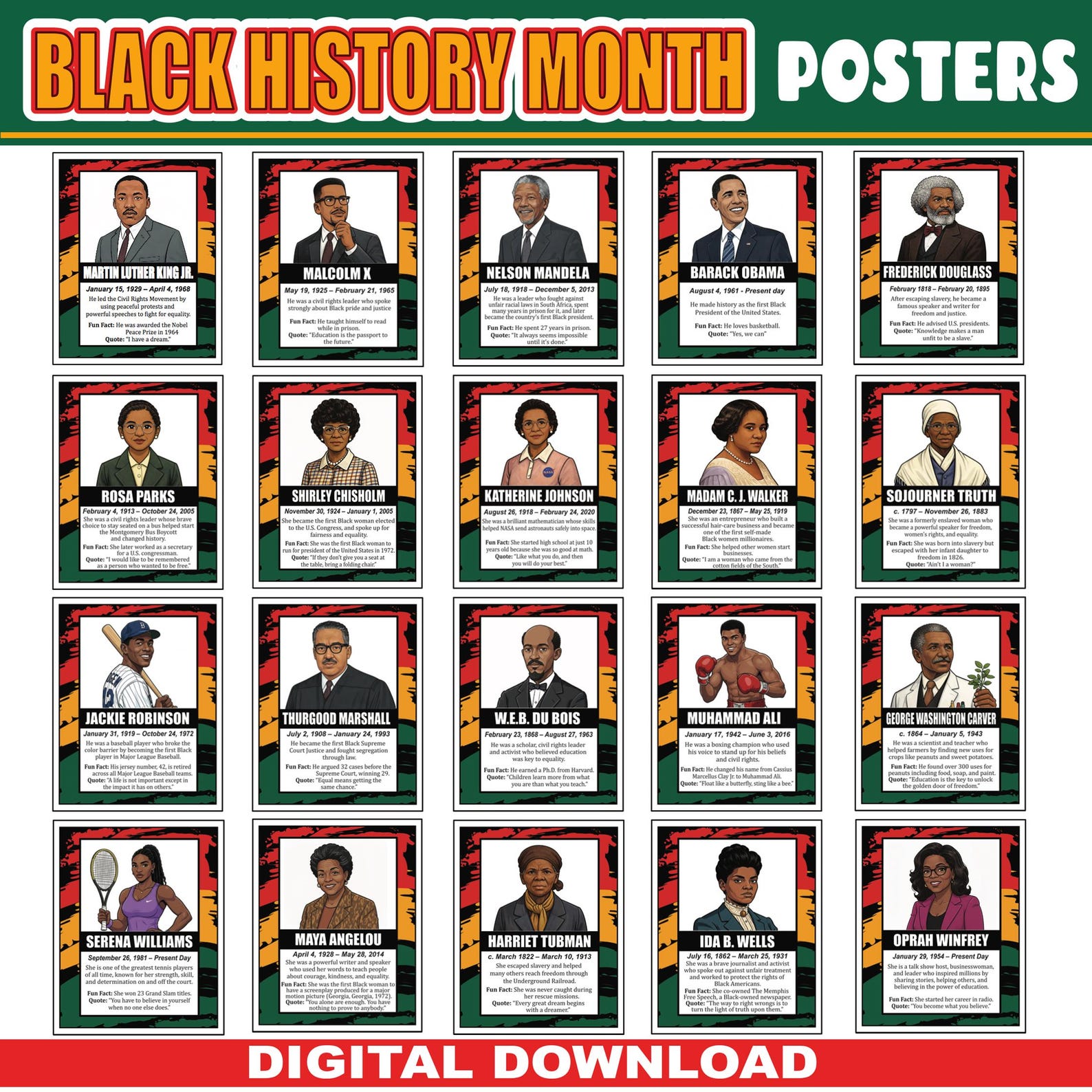 Black History Month Leaders Biography Posters | 20 Influential ...