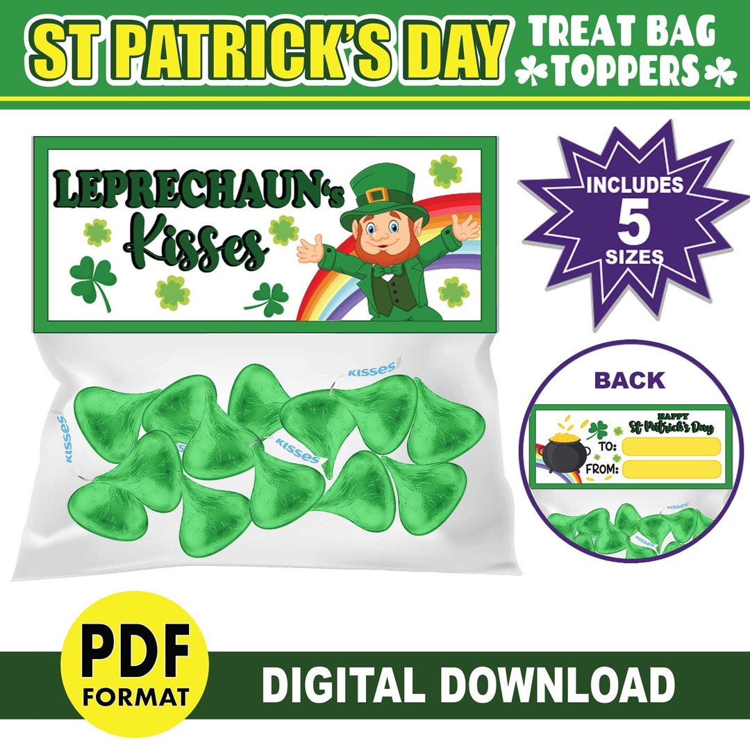 St Patrick's Day Treat Bag Topper | PRINTABLE Leprechaun Kisses Candy ...