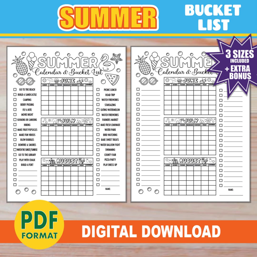 PRINTABLE Summer Calendar Bucket List | UNDATED Summer Checklist to Do ...