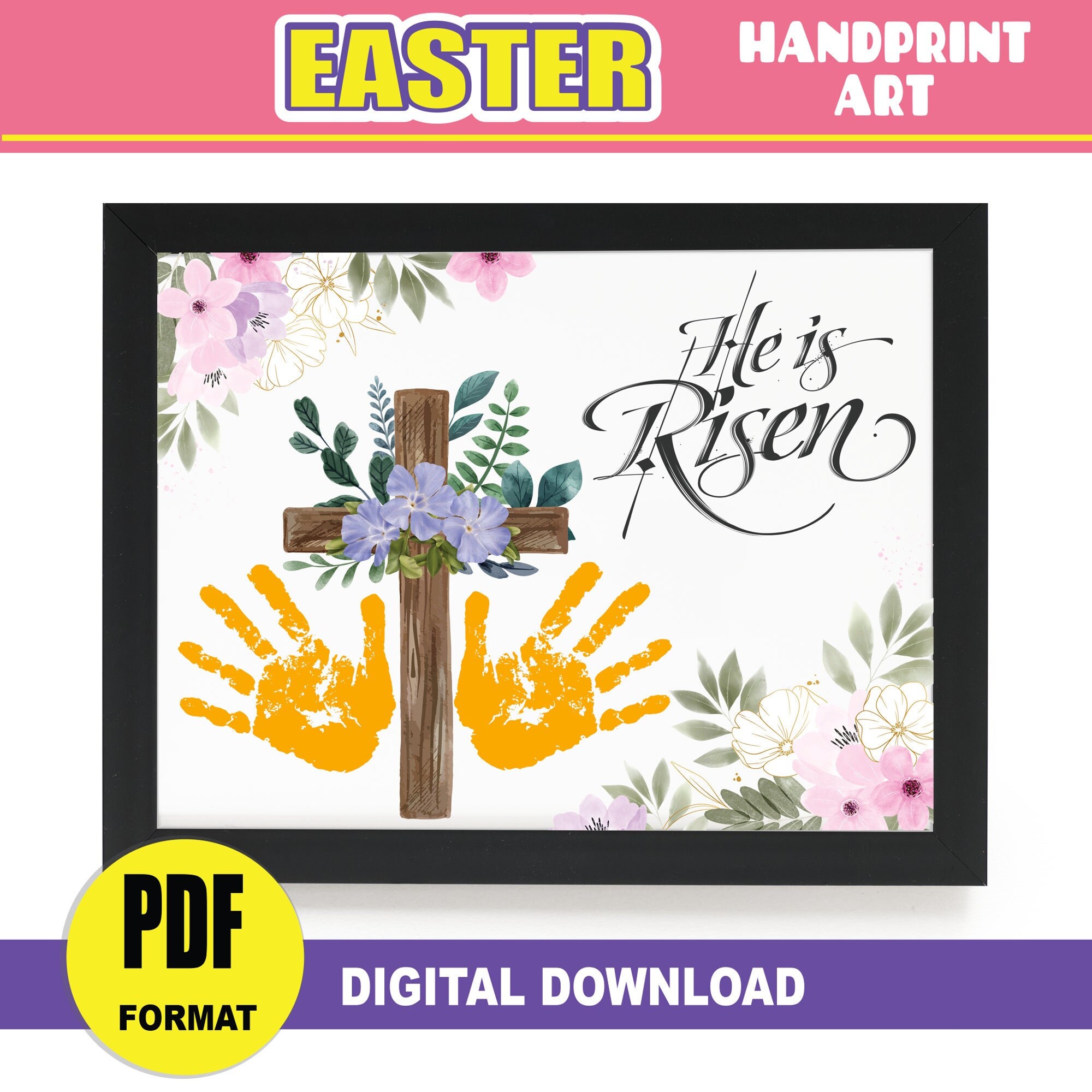 Easter Handprint Art Craft Floral Cross He is Risen Religious Handprint ...