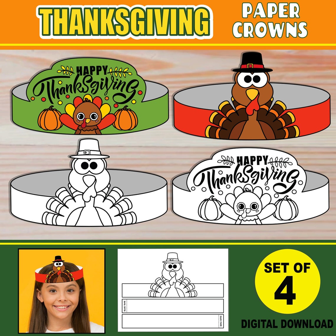 Thanksgiving Paper Crowns for Kids PRINTABLE Hat Headbands Craft ...