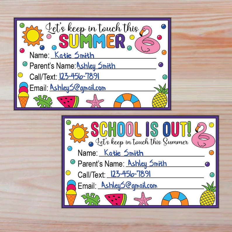 Printable Summer Contact Card | End of School Contact Cards for Kids ...