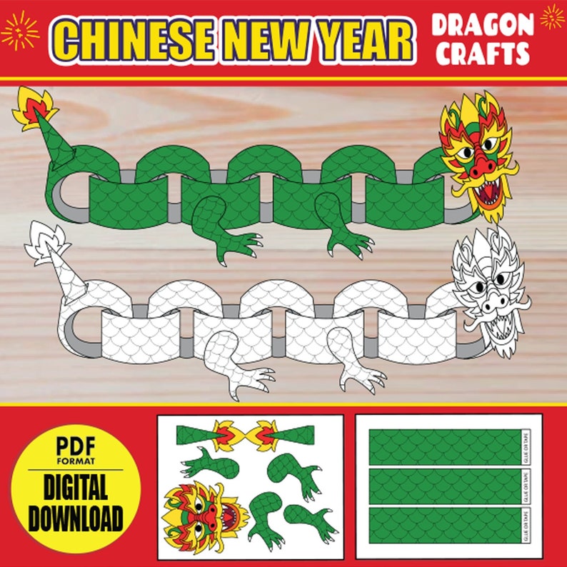 Chinese New Year Paper Dragon PRINTABLE Lunar New Year DIY Chinese ...