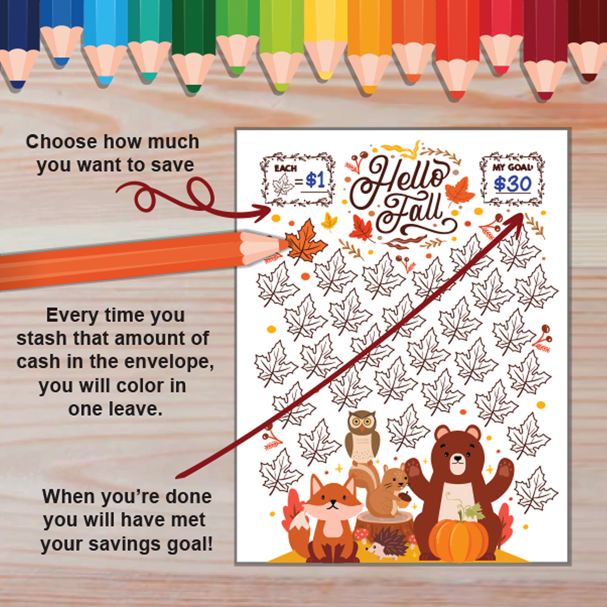 Fall Savings Challenge Cash Envelope Printable Color in Fall Autumn ...