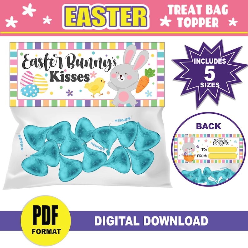 Easter Treat Bag Topper | PRINTABLE Easter Bunny Kisses Candy Treat Bag ...