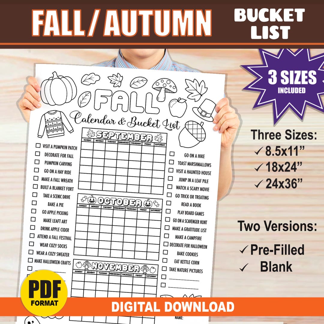 PRINTABLE Fall Calendar Poster With Bucket List | UNDATED Coloring ...