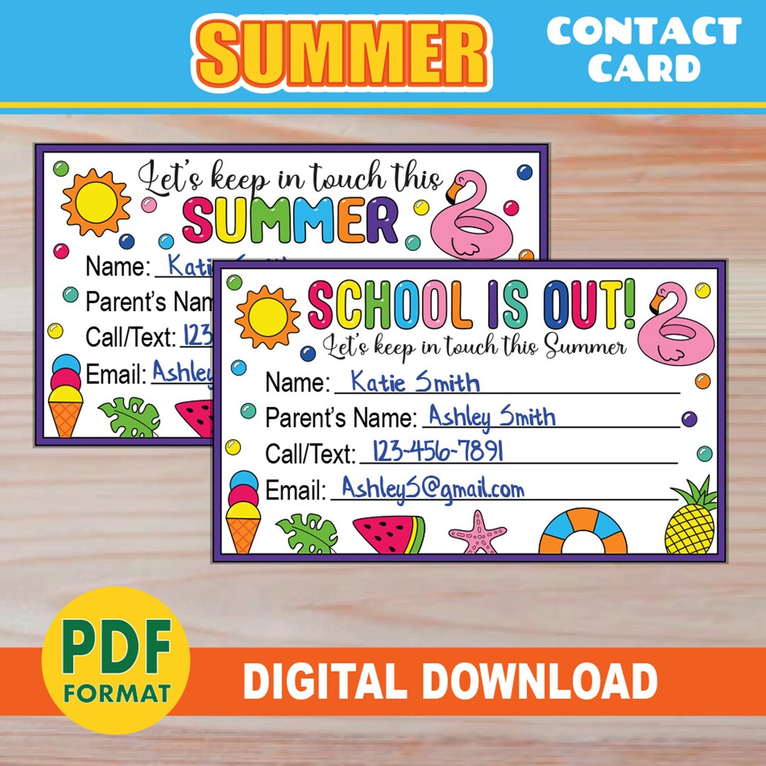 Printable Summer Contact Card | End of School Contact Cards for Kids ...