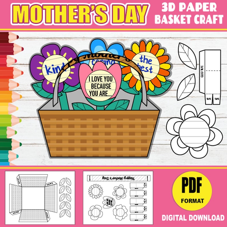 Mother's Day Crafts & Activity | Coloring 3D Flower Basket Mother’s Day ...