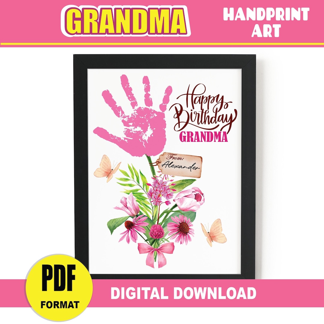 Grandma's Birthday Handprint Art | Pink Flowers Handprint PRINTABLE ...