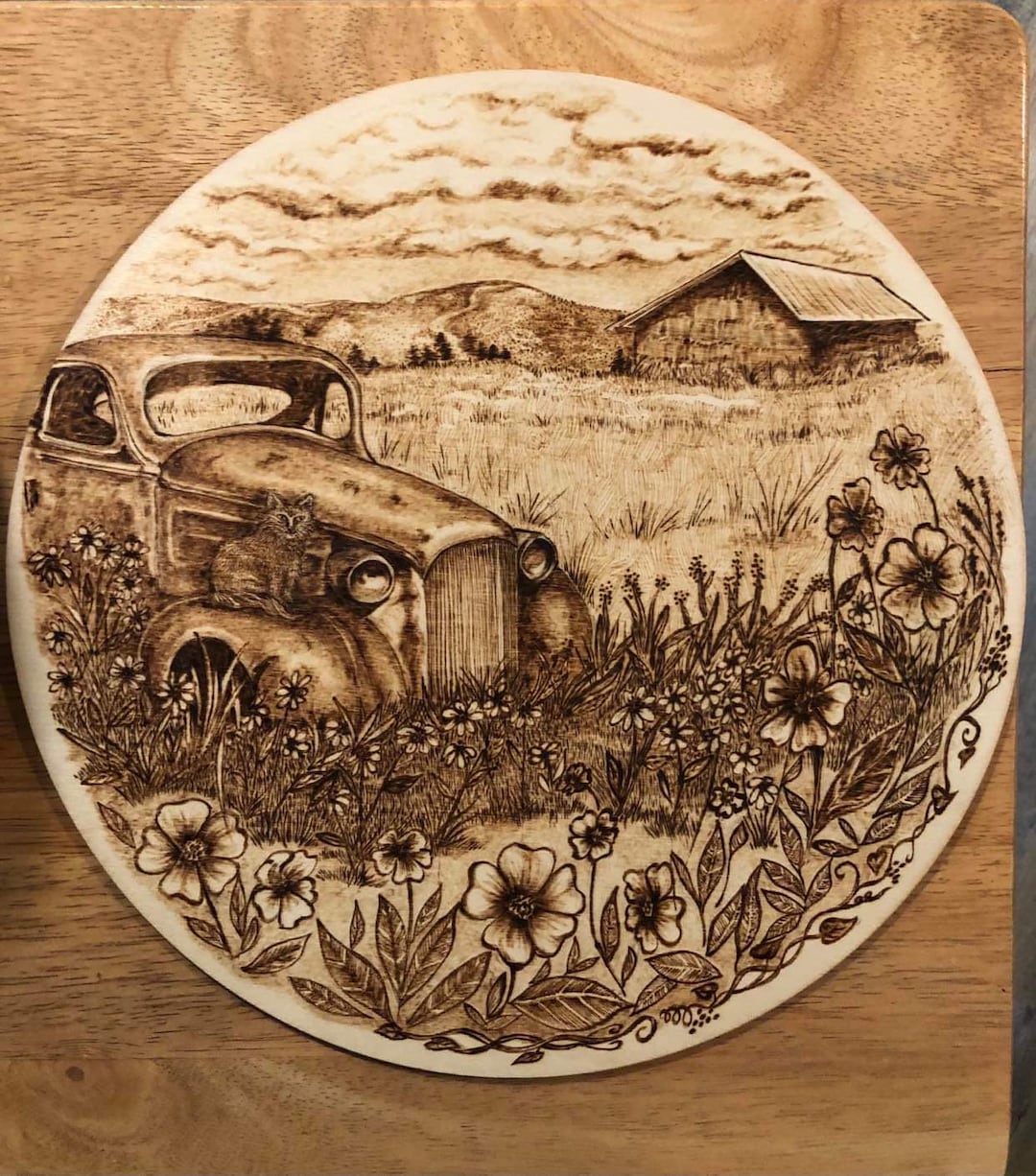 Scenic Rusty Old Car in Meadow With Barn, Pyrography Art - Etsy