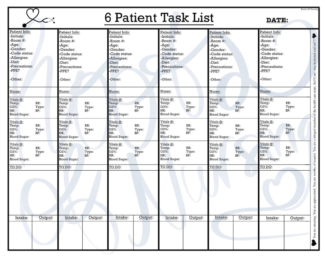 CNA Patient Task List/report Sheet for 6 Patients - Etsy