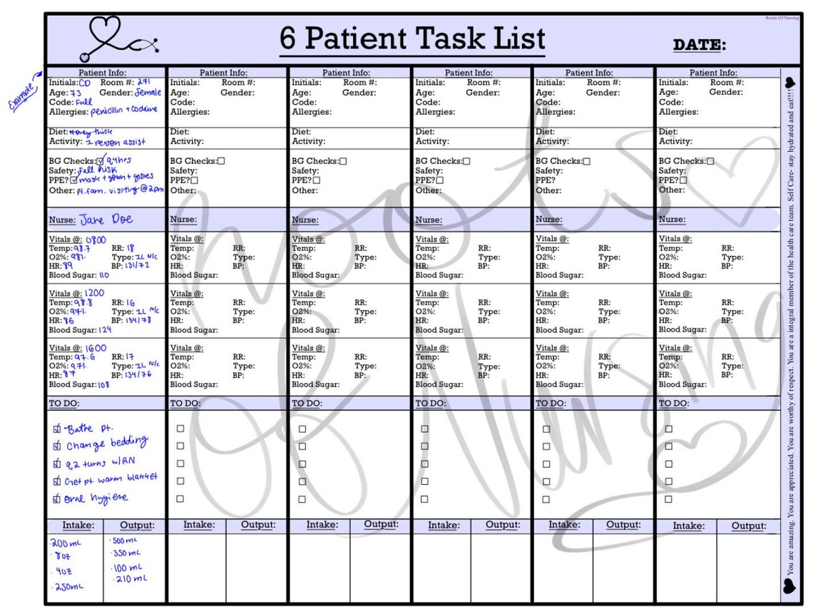 CNA Patient Task List/report Sheet for 6 Patients - Etsy