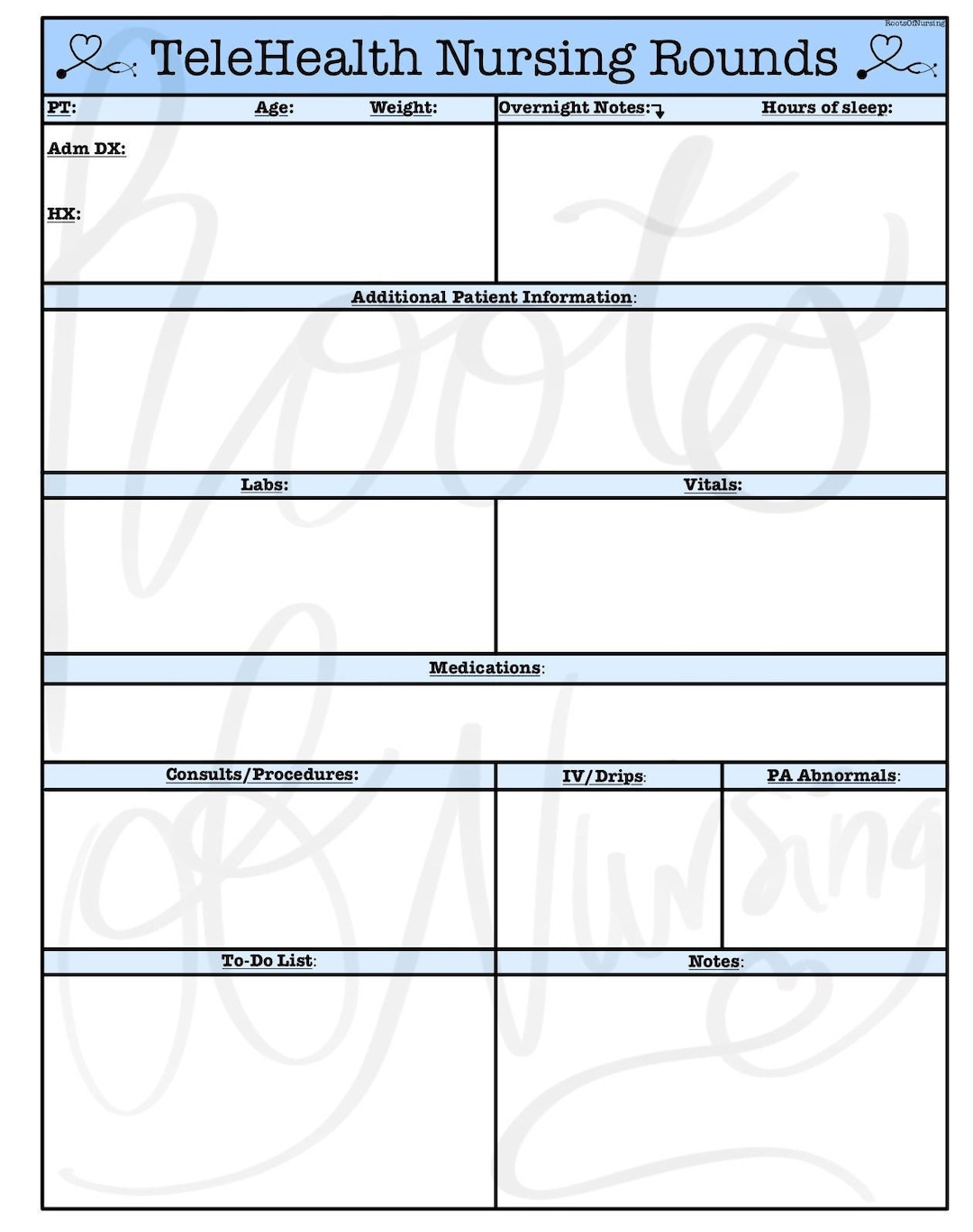 Telehealth Nursing Round Sheet / One Patient - Etsy