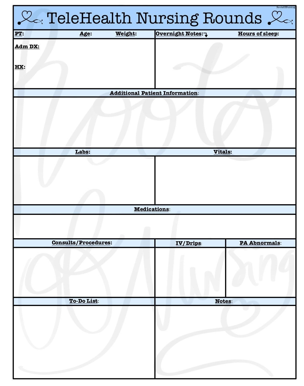 Telehealth Nursing Round Sheet / One Patient - Etsy