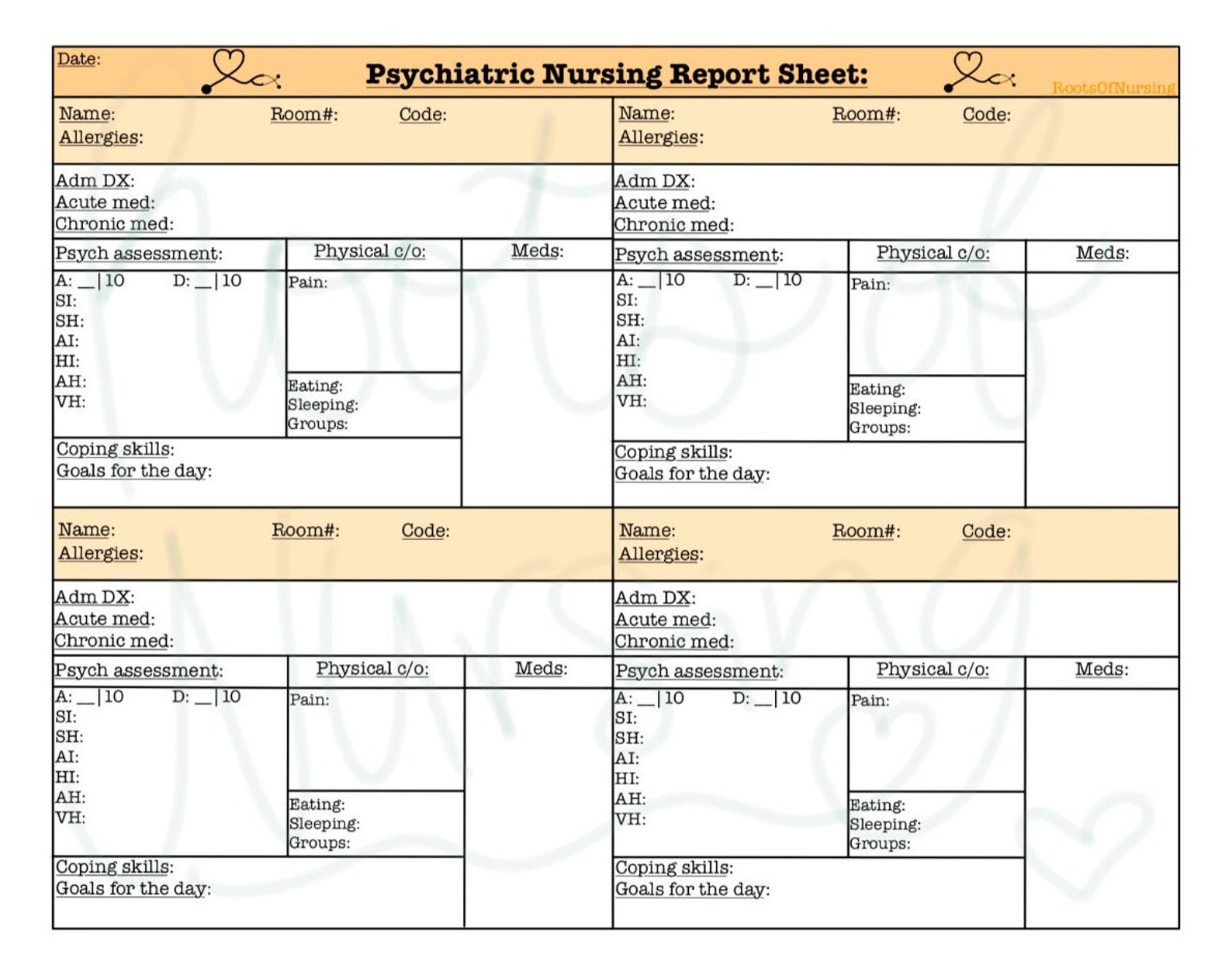 4 Patient Psych Nursing Report Sheet - Etsy