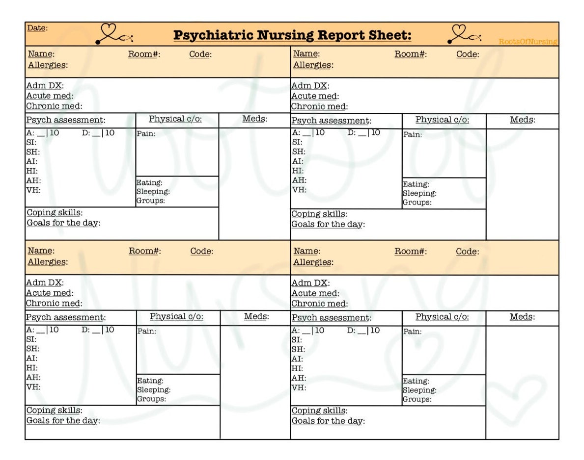 4 Patient Psych Nursing Report Sheet - Etsy