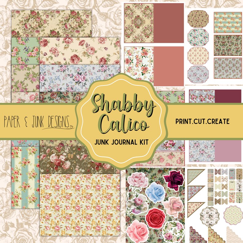 Printable Shabby Calico Junk Journal Scrapbooking Kit Matching ...