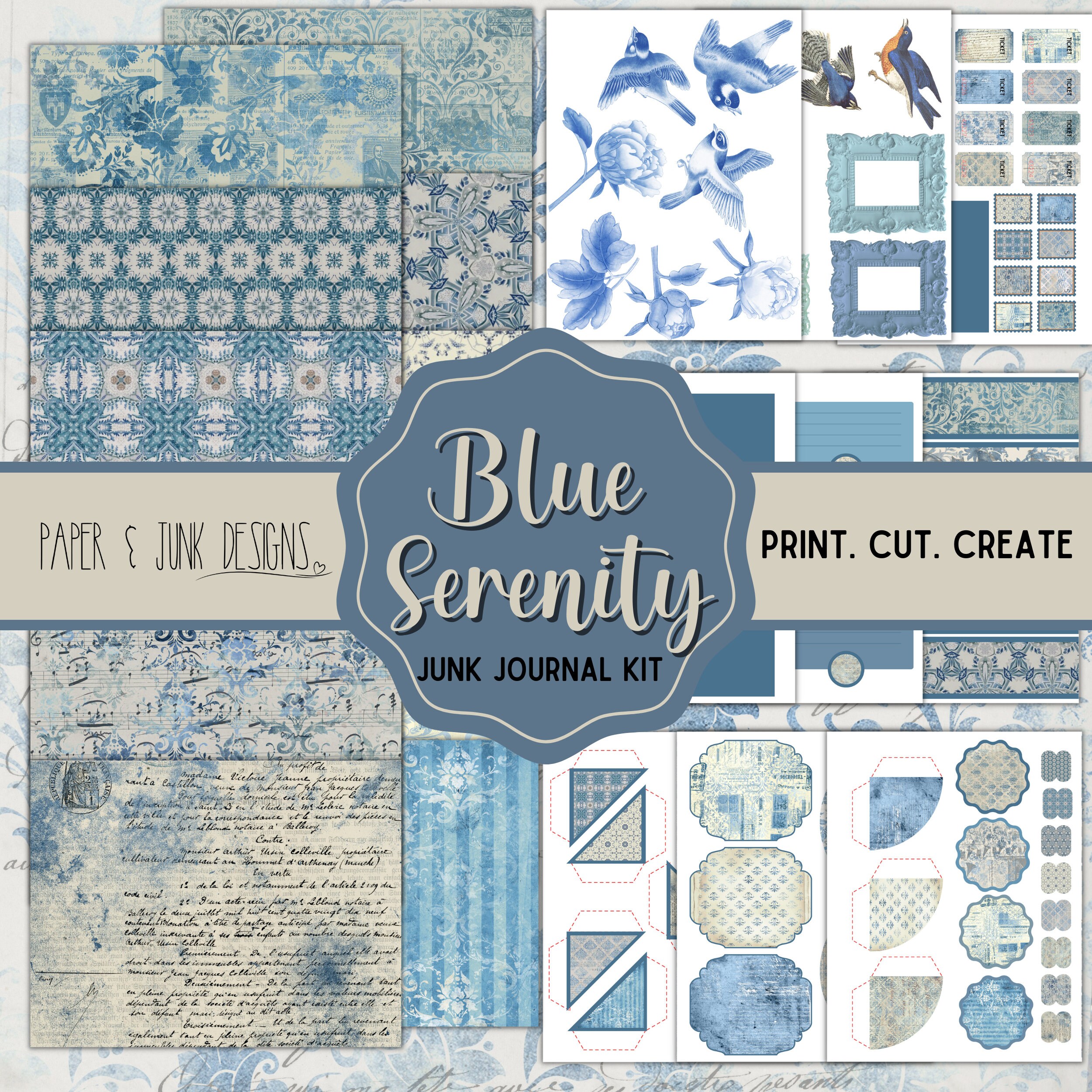 Printable Blue Serenity Junk Journal Scrapbook Kit Matching Coordinated ...
