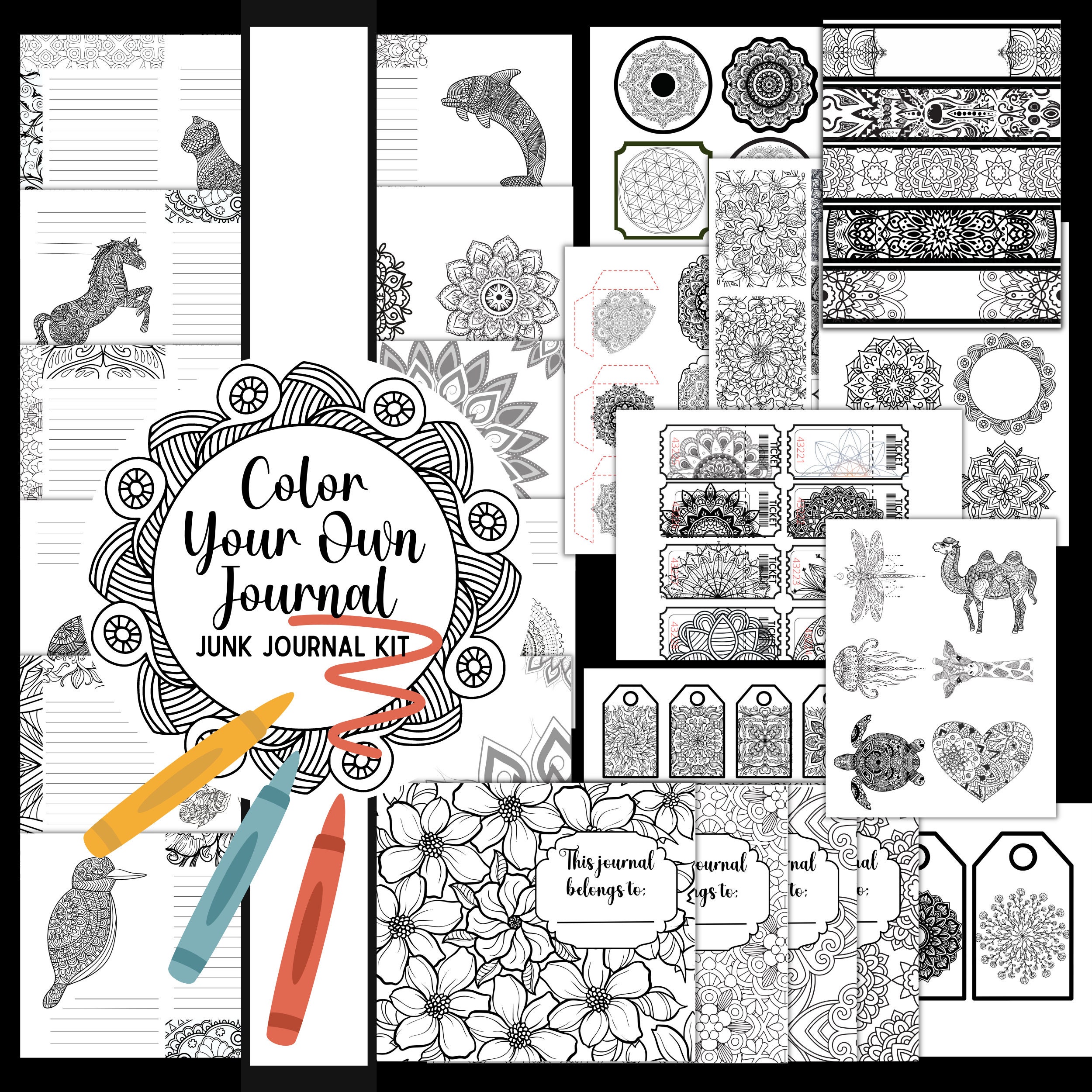 Printable Color Your Own Mandala Junk Journal Scrapbook Kit Matching ...