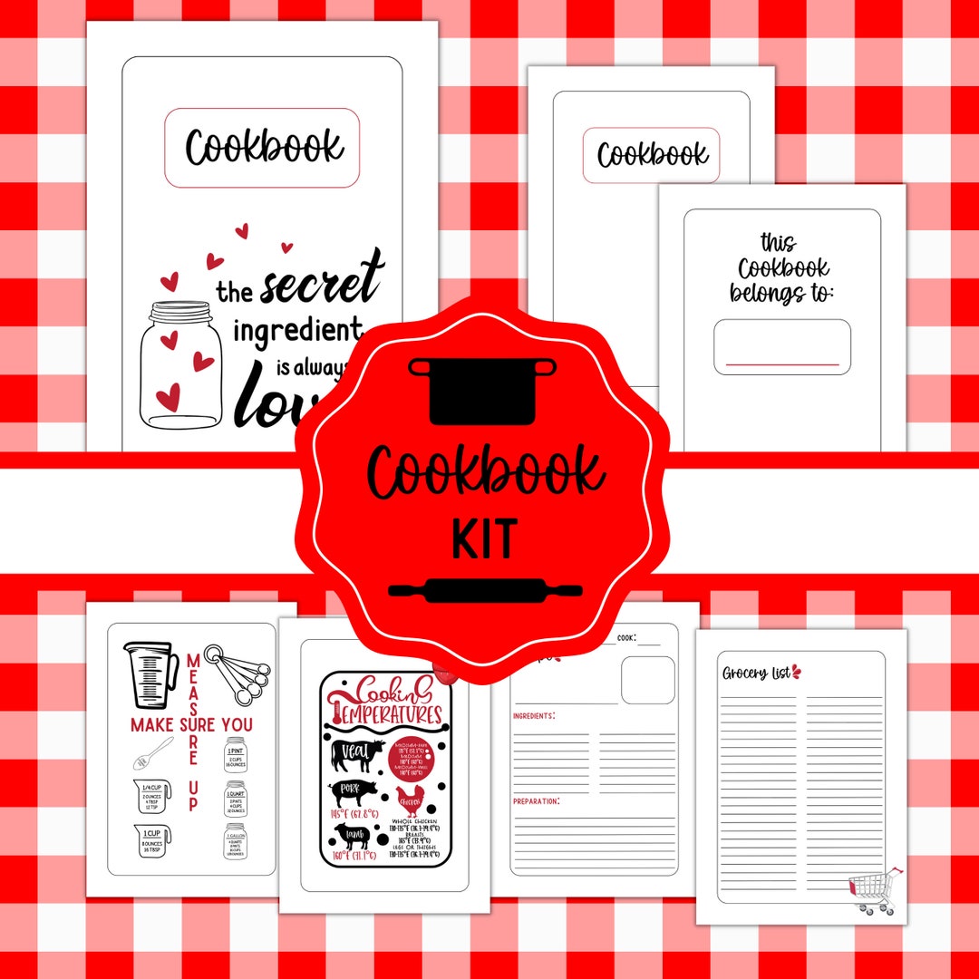 Printable Cookbook Recipe Book Kit Matching Black, White, and Red Pages ...