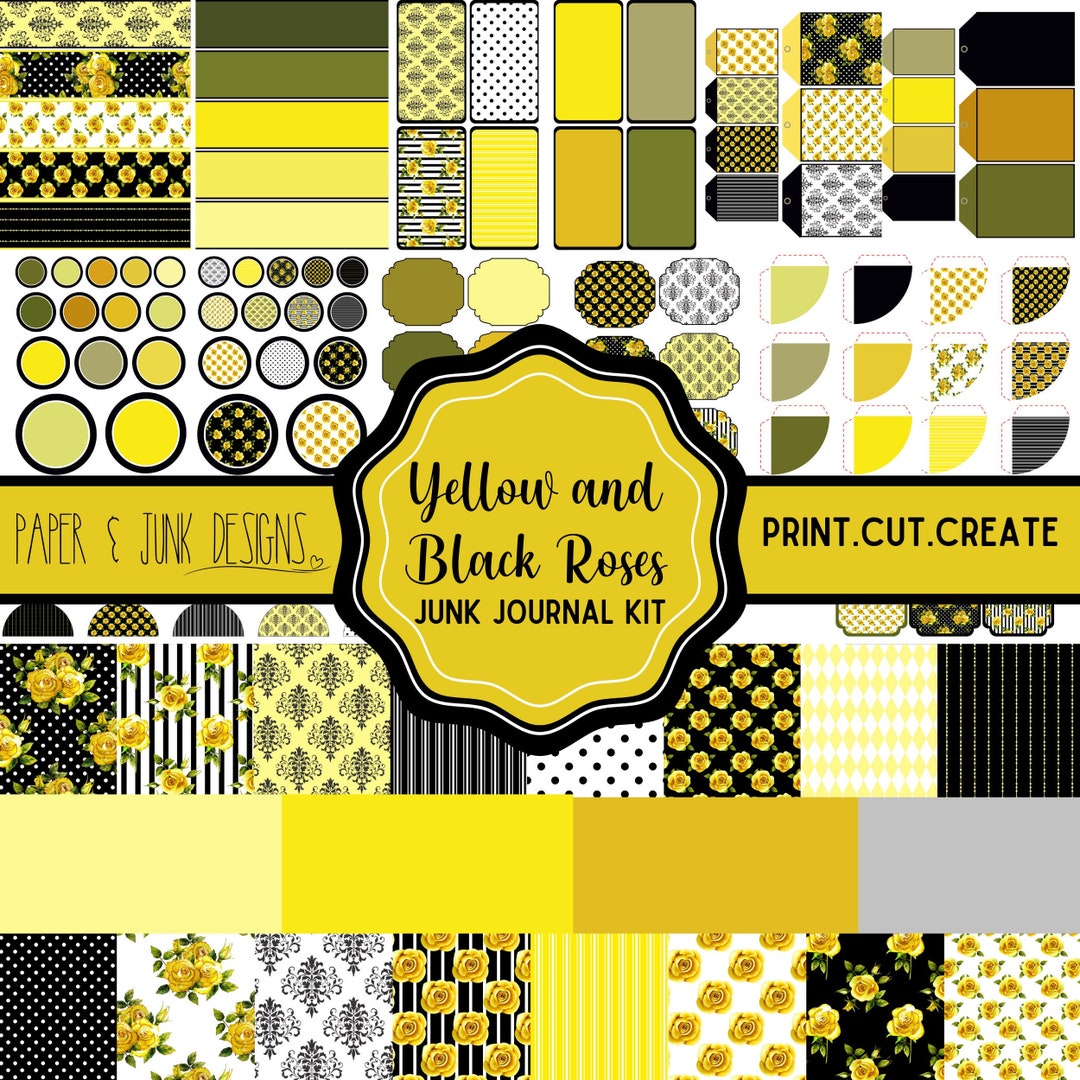 Printable Yellow and Black Roses Junk Journal, Ephemera, Scrapbooking ...