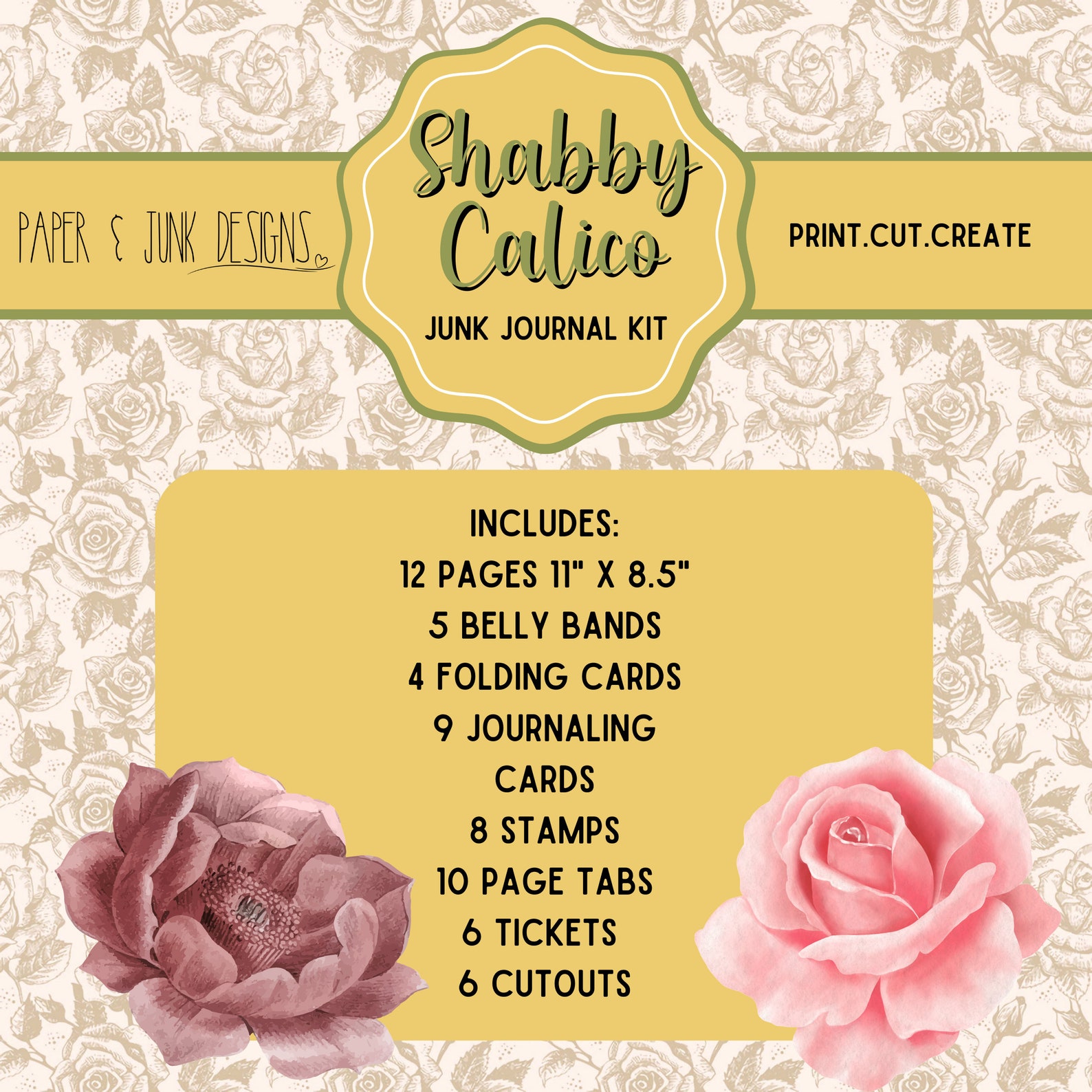 Printable Shabby Calico Junk Journal Scrapbooking Kit Matching ...