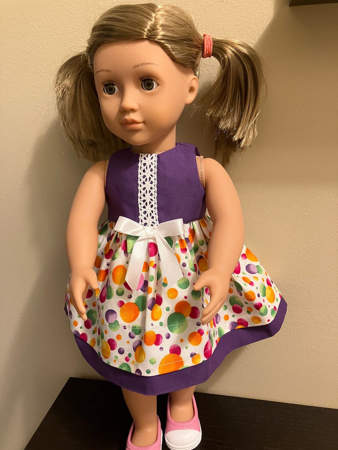 18 Inch Doll | American Made | Two Tier Doll Dress With Purple + Polka Dots | Handmade | READY ...