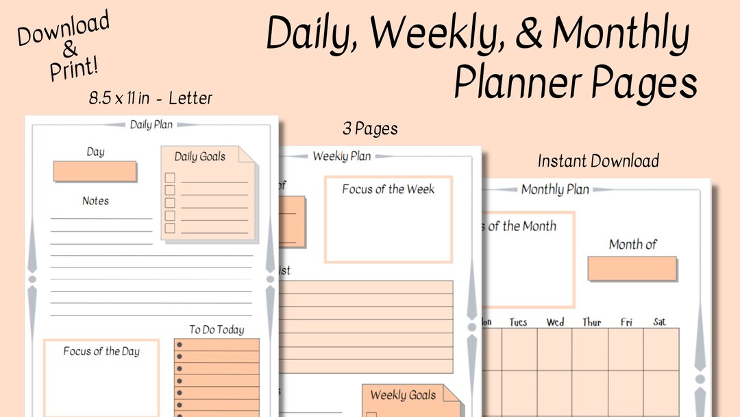 Printable Daily, Weekly, & Monthly Planner Page Set - Etsy