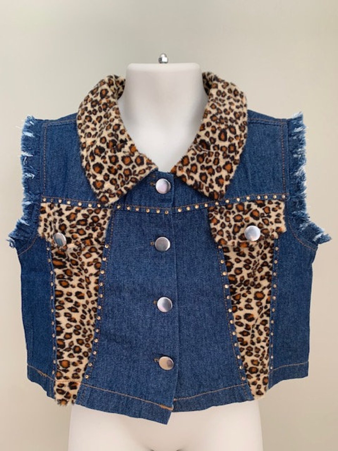 Denim and Leopard Vest With Custom Rhinestone Design Size 4-5 - Etsy