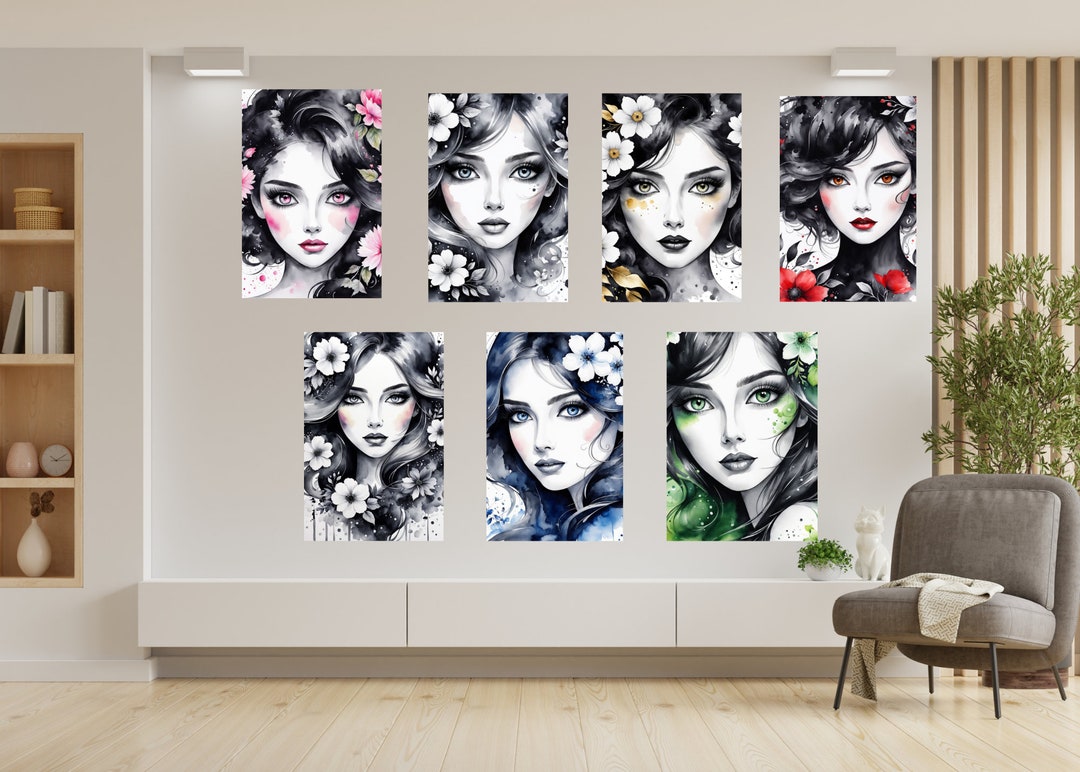 Bundle of 7 Watercolor Lady Prints Elegant Floral Art With Pops of ...