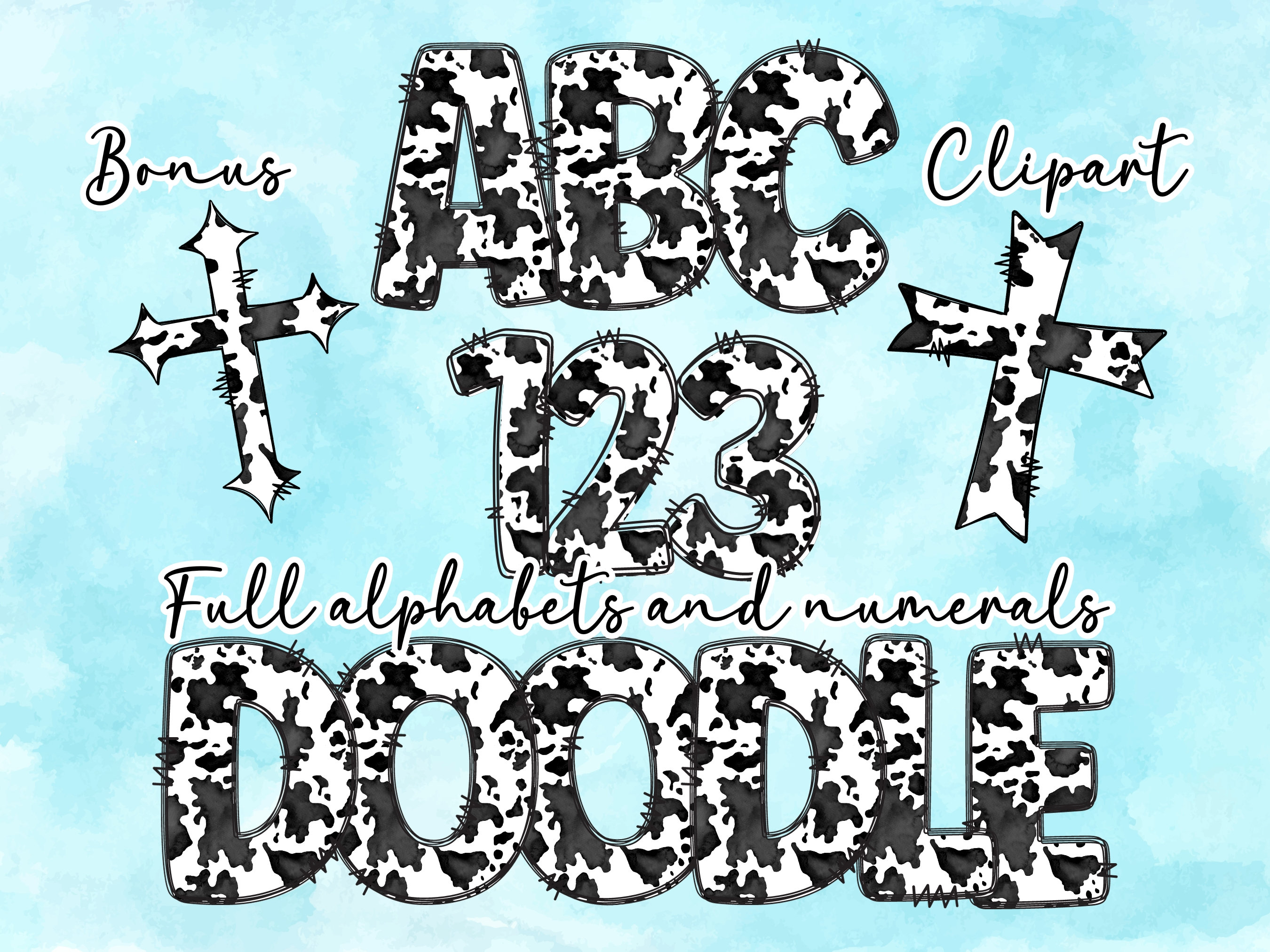 Western Doodle Alphabet Bundle Cow Print Font Letter Bundle Cowhide ...
