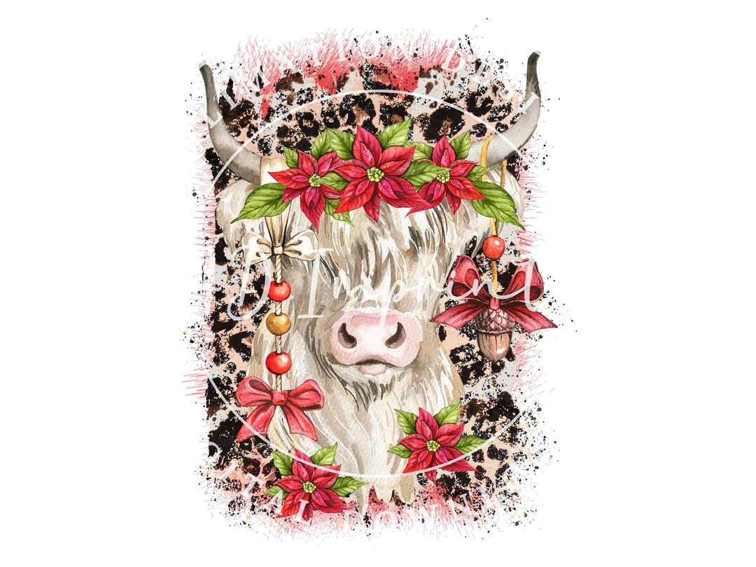 Christmas Cow PNG | Highland Cow PNG | Watercolor Cow PNG | Floral Cow ...