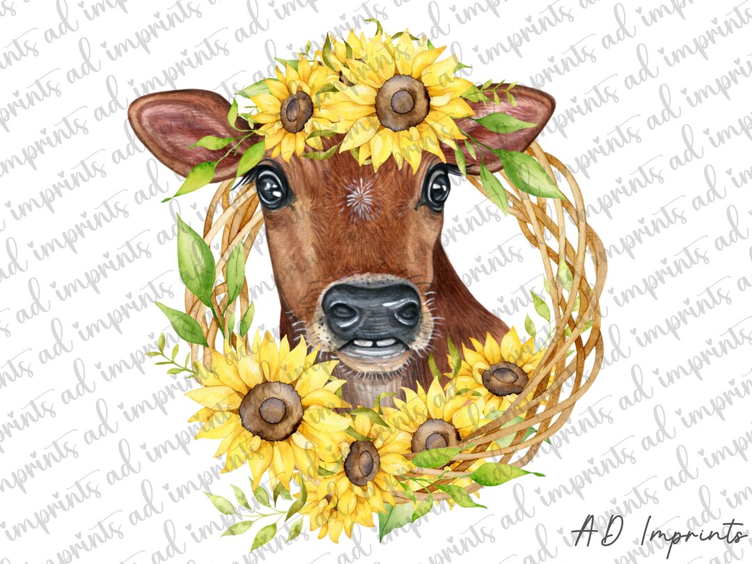Watercolor Cow PNG | Cow With Sunflowers PNG | Cow Wreath PNG | Floral ...
