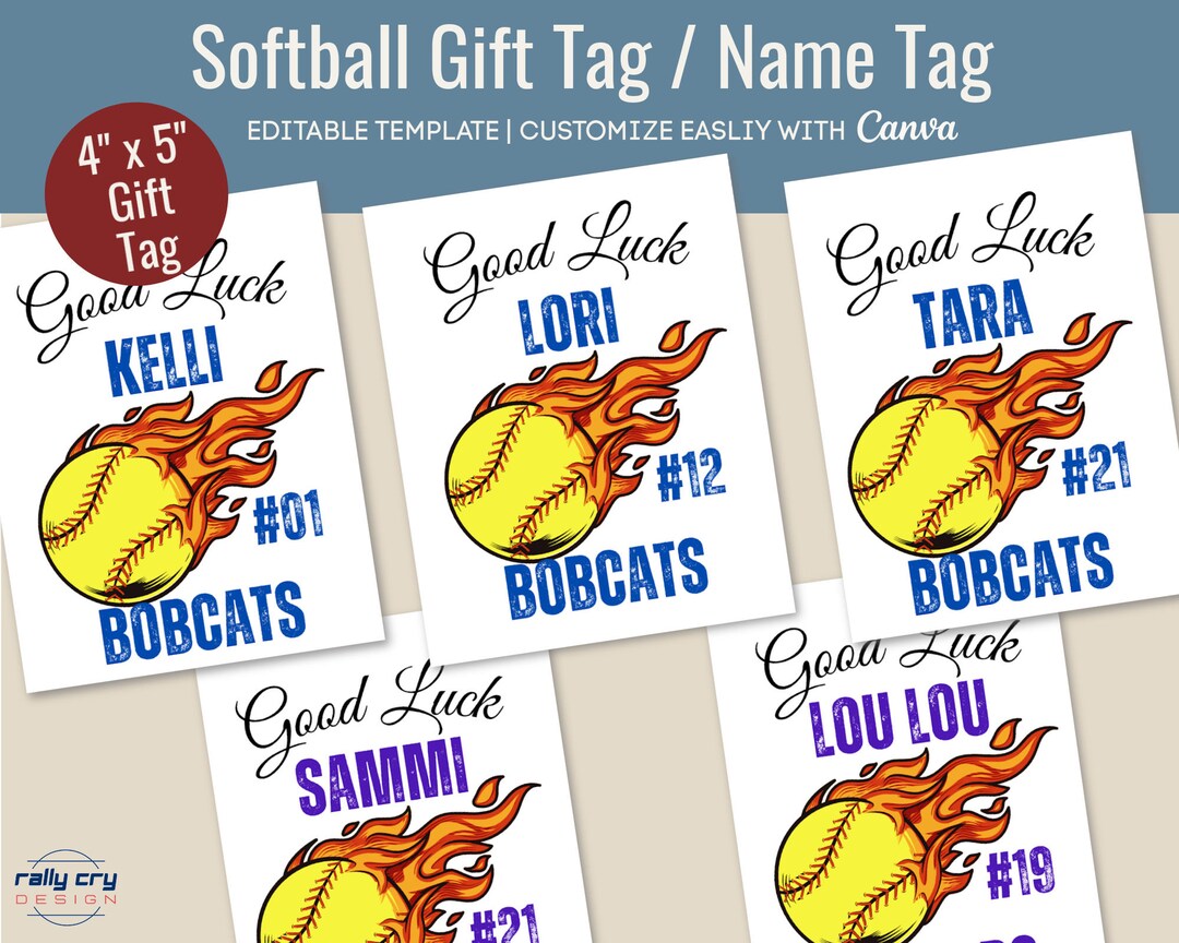 Good Luck Softball Name Gift Tag, Softball Game Day Goodie Bag Name Tag ...